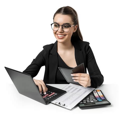 A Woman Is Sitting At A Table With A Laptop And A Calculator Premium Ai Generated Image