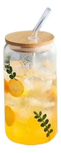 Vaso De Vidrio Tapa De Bambo Y Sorbito Cepillo Limpieza Cuotas Sin