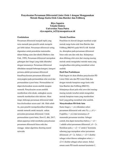 Pdf Penyelesaian Persamaan Diferensial Linier Orde Dengan