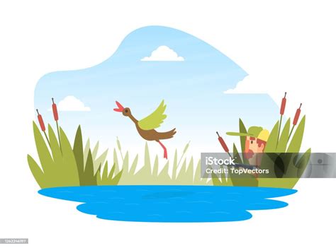 매복에 산탄총 사냥 오리와 남자 사냥꾼 소총 만화 벡터 일러스트와 카키 옷과 모자를 입고 재미 사냥꾼 캐릭터 겨냥에 대한 스톡 벡터 아트 및 기타 이미지 Istock