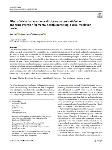 Pdf Effect Of Ai Chatbot Emotional Disclosure On User Satisfaction And Reuse Intention For