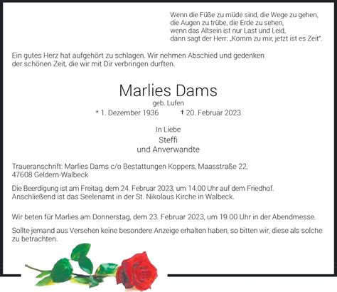 Alle Traueranzeigen für Marlies Dams trauer rp online de