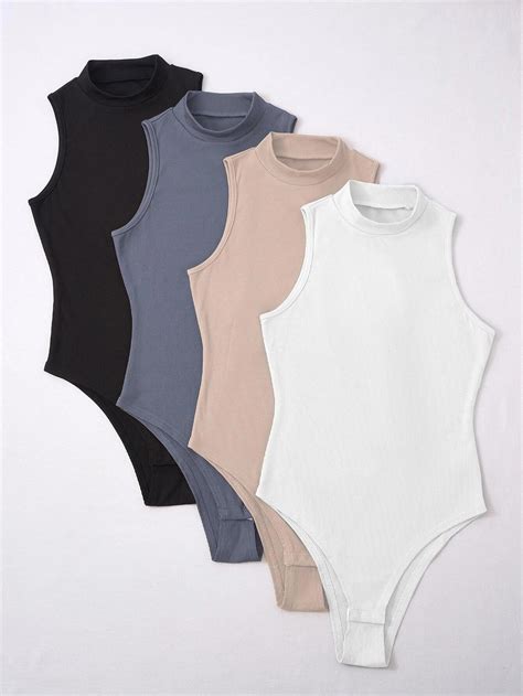 Four Pack Mock Neck Rib Knit Bodysuit Comfy Jumpsuits