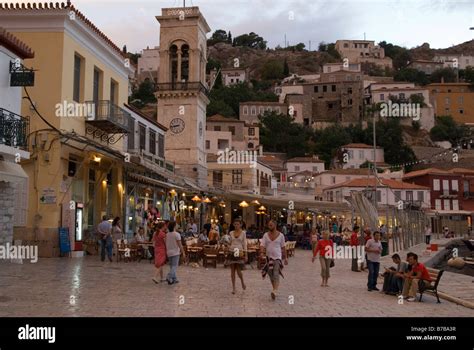 Hydra Town Waterfront Cafe Life At Sunset Hydra Island Greece Stock