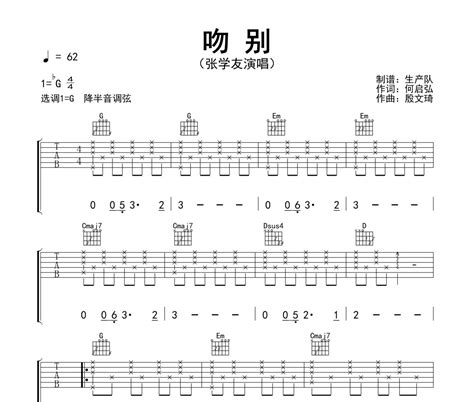 吻别吉他谱 张学友《吻别》六线谱g调指法编配吉他谱 乐手网