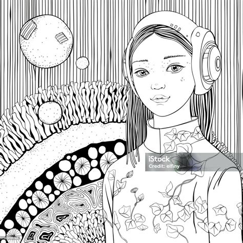 귀여운 로봇 소녀 소녀 우주 비행사 아시아 소녀입니다 젠탱글 배경 성인과 어린이를 위한 흑백 낙서 색칠하기 책 페이지 검은색에 대한 스톡 벡터 아트 및 기타 이미지 Istock