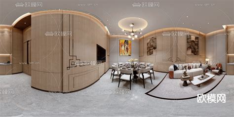 新中式酒店餐厅包房vr全景3d模型 免费3dmax模型库 欧模网
