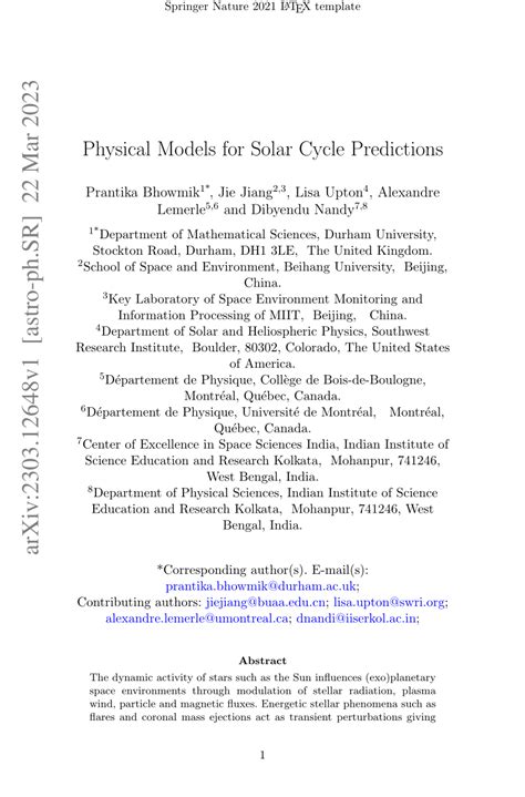 Pdf Physical Models For Solar Cycle Predictions
