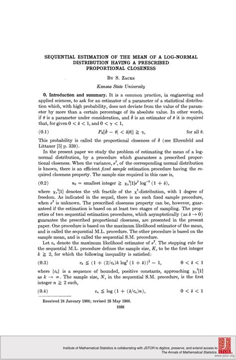 Pdf Sequential Estimation Of The Mean Of A Log Normal Distribution Having A Prescribed