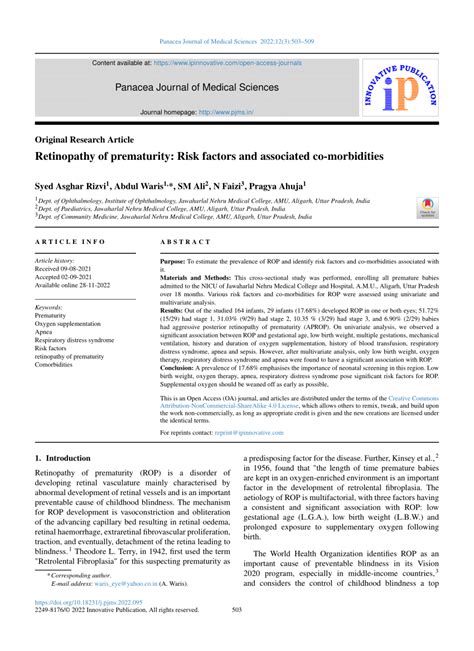 Pdf Retinopathy Of Prematurity Risk Factors And Associated Co Morbidities