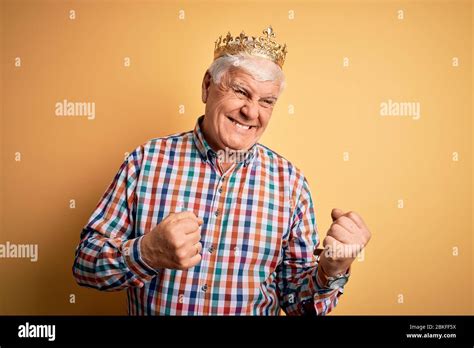 Senior Handsome Hoary Man Wearing Golden Crown Of King Over Isolated