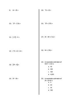 Adding Subtracting Rational Numbers Unit Pre Review Tpt