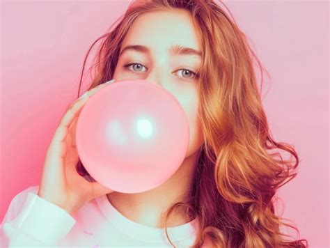 Premium Photo Beautiful Girl Blows A Big Yellow Bubble From Chewing