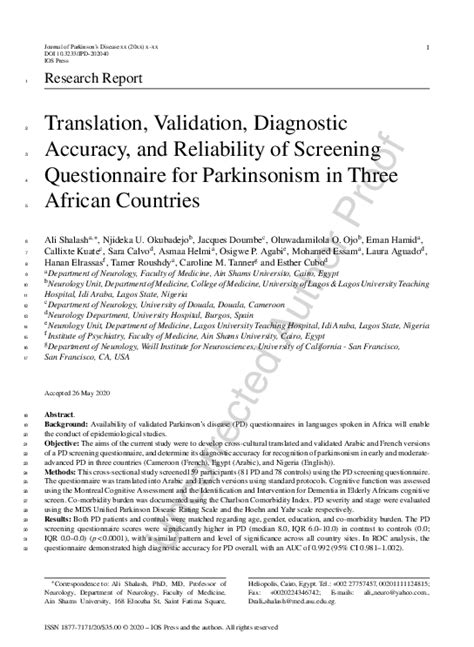 Pdf Translation Validation Diagnostic Accuracy And Reliability Of Screening Questionnaire