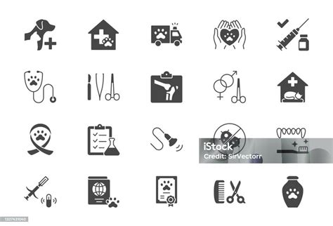 수의학 플랫 아이콘 벡터 일러스트에는 청진기 그루밍 엑스레이 초음파 예방 접종 살균 글리프 실루엣 Pictogram 수의사 클리닉용 아이콘이 포함됩니다 블랙 컬러 아이콘에