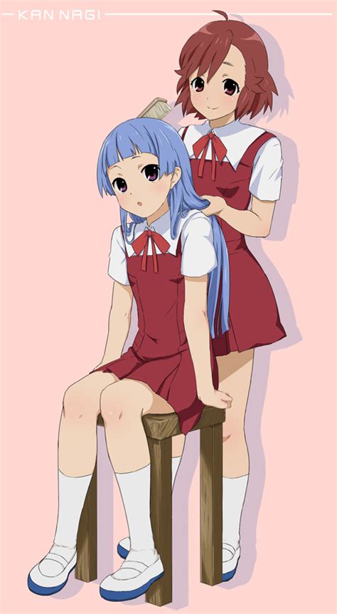 Safebooru Bangs Blue Hair Blunt Bangs Brown Hair Hair Brushing