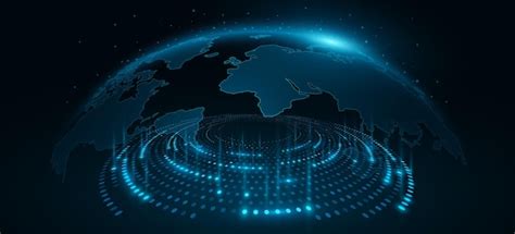 Premium Vector Spiral Digital Circles Of Glowing Dots With World Map On Dark Background