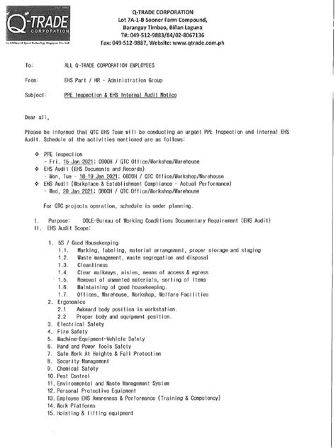 Memo For Ppe Inspection And Internal Safety Audit Pdf