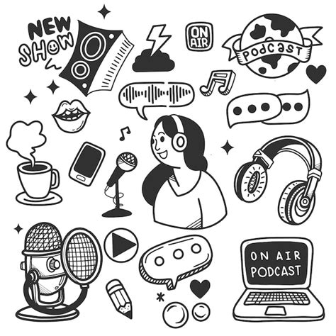 Los Doodles De Podcast En Blanco Y Negro Vector Premium