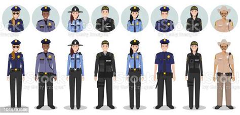 員警的概念一套不同的詳細插圖和化身圖示的特警軍官 員警 女員警和警長在白色背景扁平風格向量插圖向量圖形及更多女警察圖片 Istock