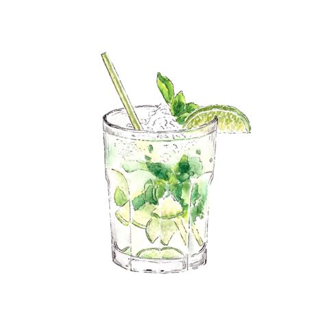 Mojito cóctel acuarela dibujado a mano ilustración aislada sobre fondo