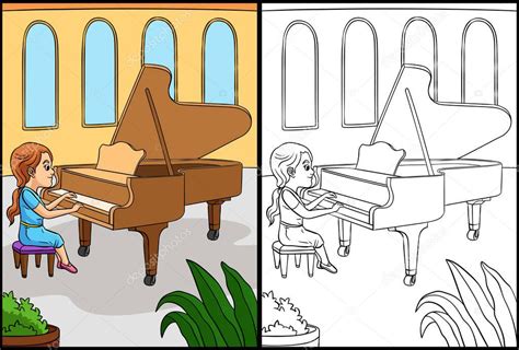 Esta página para colorear muestra a un pianista Un lado de esta