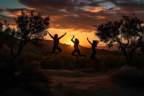 Premium Ai Image Young Friends Joyfully Jumping Against The Backdrop Of The Sunset Neural
