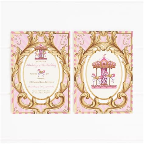 Editable And Printable Carousel Party Invitation Template 5x7in Pink