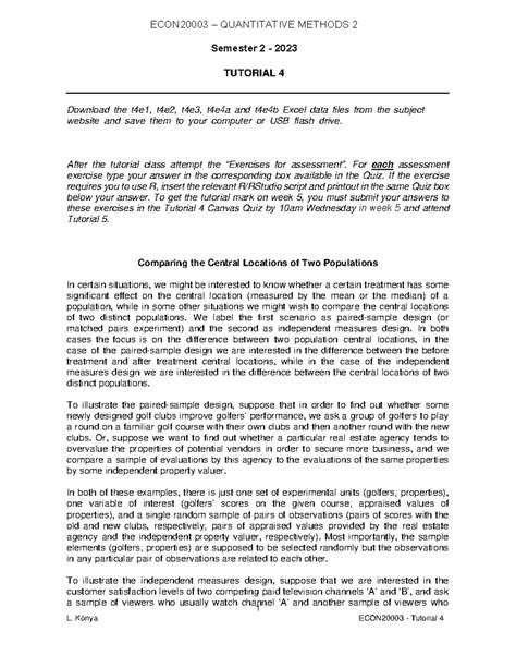 Tutorial 4 Econ20003 Tutorial 4 1 Econ20003 Quantitative Methods