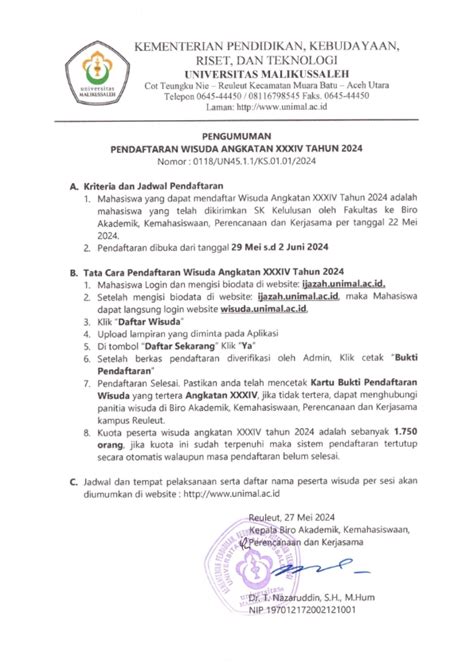Jadwal Dan Tata Cara Pendaftaran Wisuda Angkatan XXXIV Tahun