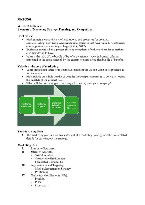 Mktg201 Lecture Notes Mktg Week 2 Lecture 2 Elements Of Marketing Strategy Planning And