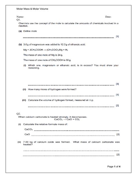 Molar Mass And Volume Worksheet