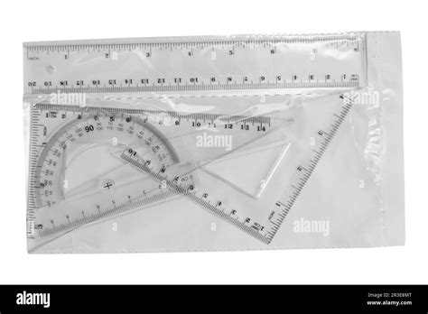 Set Of Packaging Plastic Ruler Protractor Triangle Isolated On White