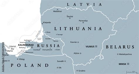 Lithuania And Kaliningrad Gray Political Map With Capitals And