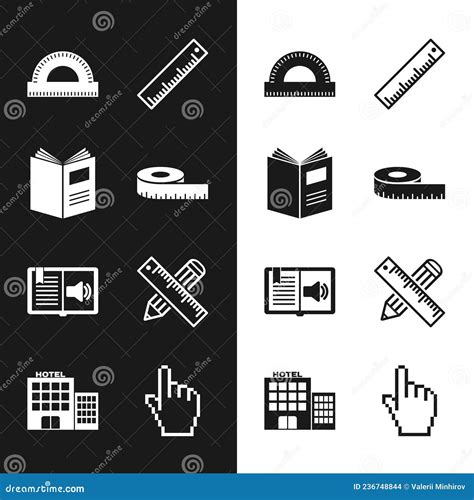 Set Tape Measure Open Book Protractor Grid Ruler Audio Crossed Ruler And Pencil Pixel Hand