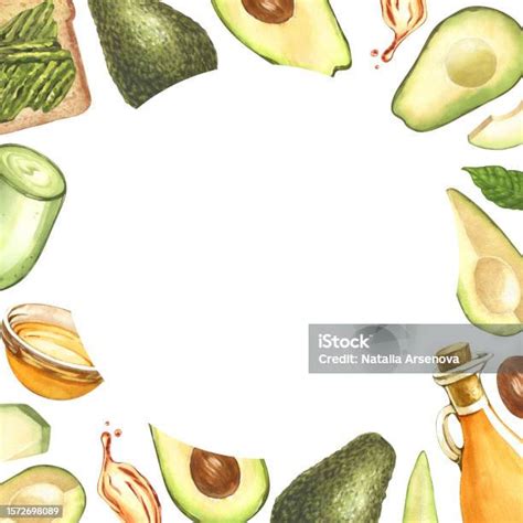 수채화 프레임 잘 익은 아보카도와 유리 그릇에 기름 탑 뷰 손으로 그린 그림은 흰색 배경에 분리되어 있습니다 완벽한 음식 메뉴