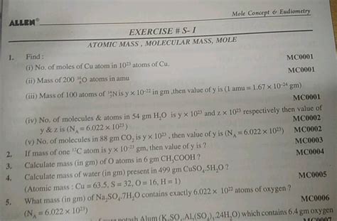 Mole Concept And Eudiometryale M∘exercise S Iatomic Mass Molecular