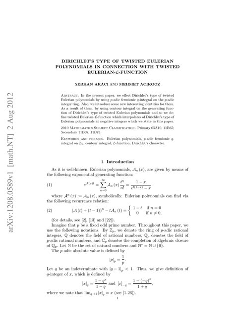Pdf Dirichlets Type Of Twisted Eulerian Polynomials In Connection With Eulerian L Function