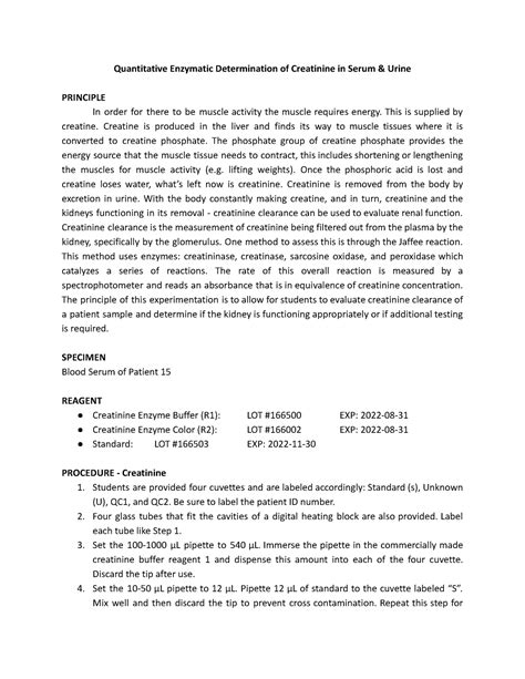 Clinical Chemistry Lab Report Creatinine Quantitative Enzymatic Determination Of Creatinine