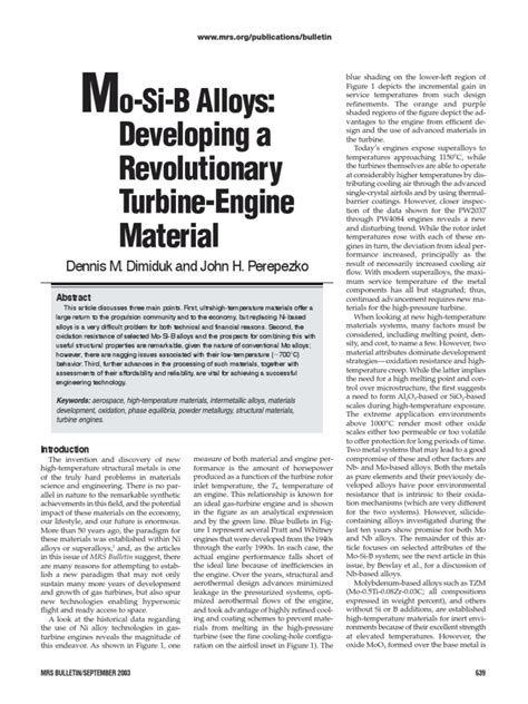 Mo Si B Alloys Developing A Revolutionary Turbine Engine Material Pdf