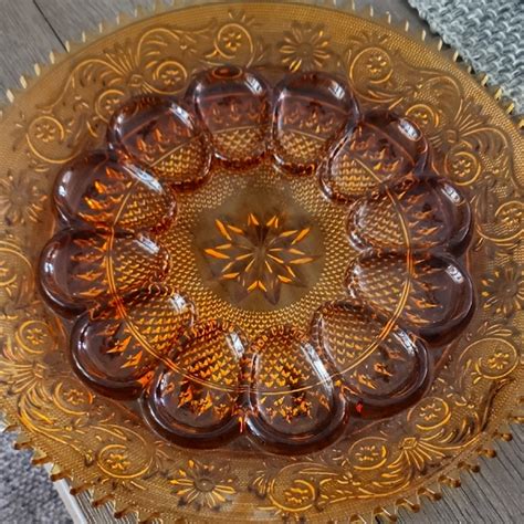 Kitchen Vintage Indiana Amber Glass Devil Egg Plate Poshmark