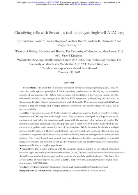 Pdf Classifying Cells With Scasat A Tool To Analyse Single Cell Atac Seq