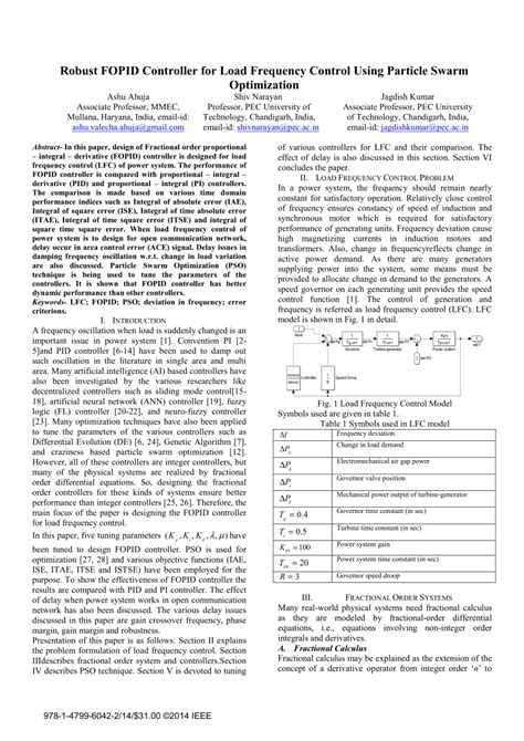 Pdf Robust Fopid Controller For Load Frequency Control Using Particle