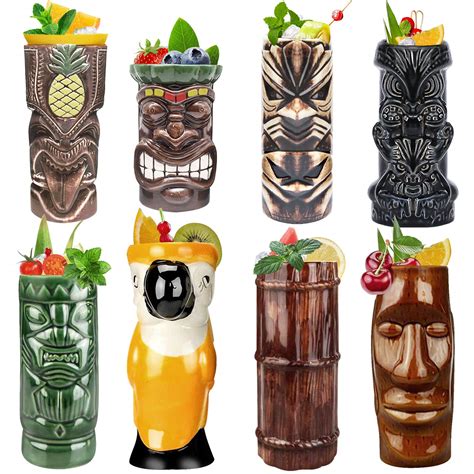 Buy Linall Tiki Mugs Cocktail Set Of 8 Ceramic Tiki Mugs Hawaiian Party Cute Exotic Cocktail