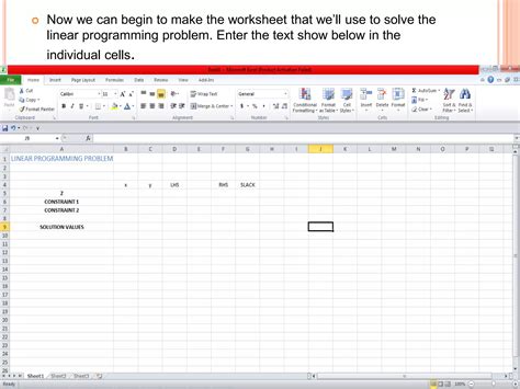 Solution Of A Simplex Problem Using Excel Pptx