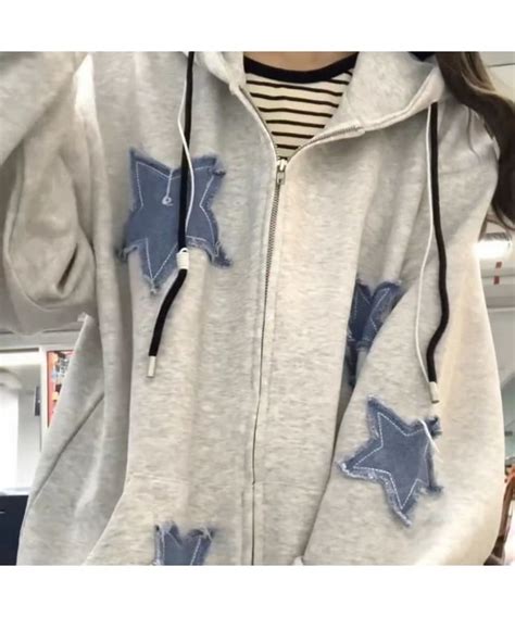 Star Zip Up Hoodie Y2k Fashion High Street Hip Hop Flocking Hoodies