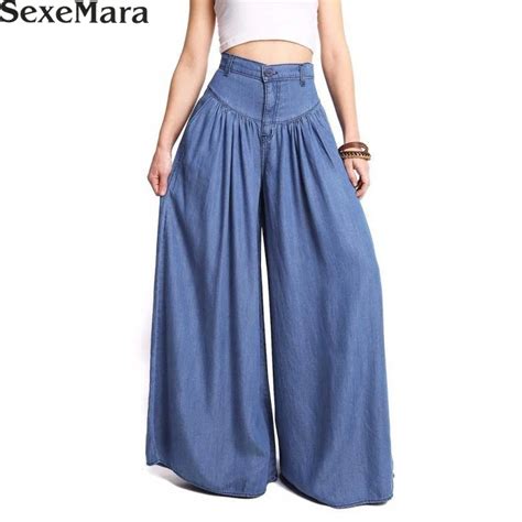 Women High Waist Pants Pockets Loose Pleated Denim Blue Wide Leg Pants