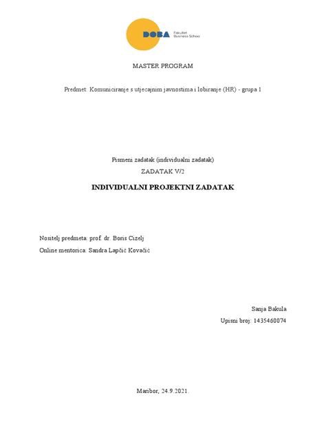 Sanja Bakula Zadatak V 2 Individualni Projektni Zadatak Pdf