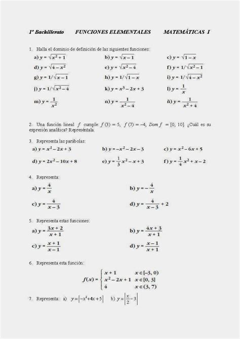 1º Bachillerato Matemáticas I Ejercicios de repaso Funciones elementales