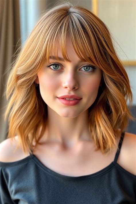 50 Chic Shoulder Length Haircuts With Bangs Golden Long Bob With